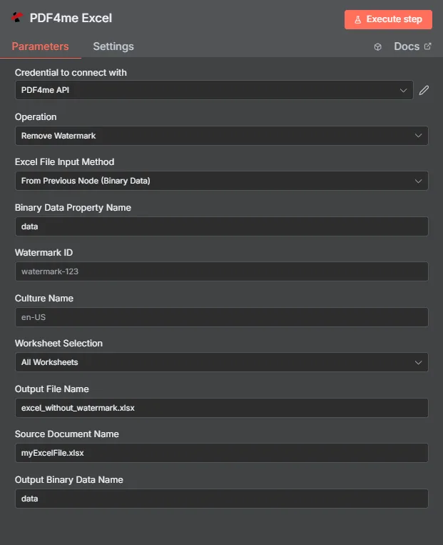Remove Watermark from Excel using n8n action | PDF4me